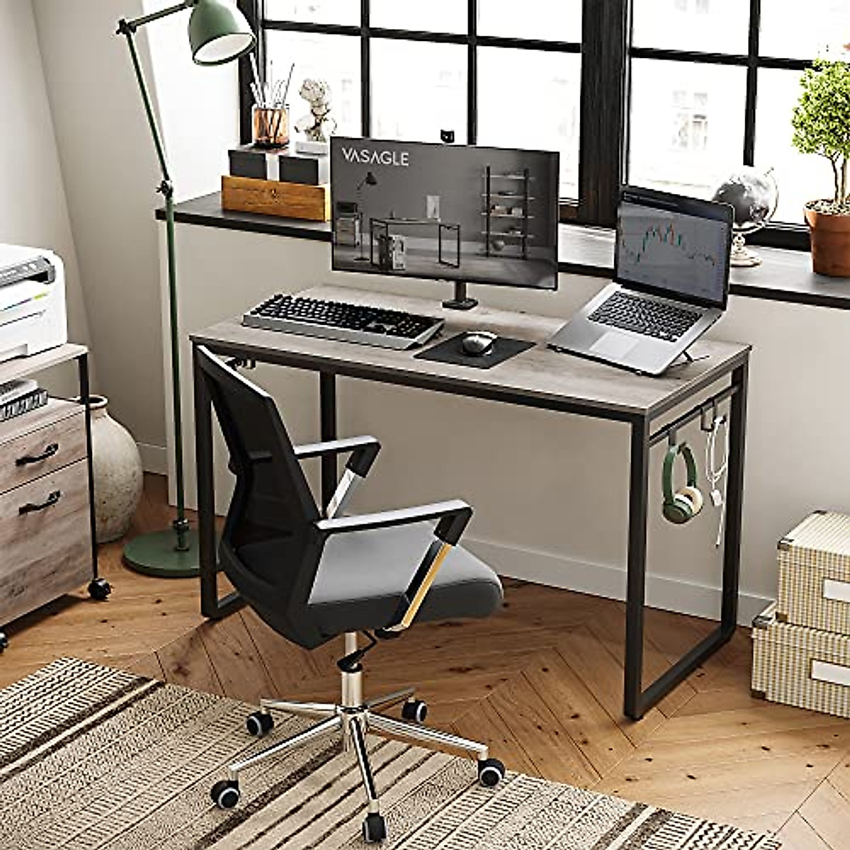 VASAGLE ALINRU Computer Desk, Office Desk with 8 Hooks, for Study, Home Office, Easy Assembly, Industrial Design, 47.2 x 23.6 x 29.5 Inches, Greige and Black ULWD058B02