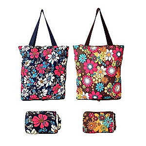 Kitchen Reusable Grocery Shopping Bags Foldable Tote Bag with Zipper Folding Floral Heavy Duty 2 Pack