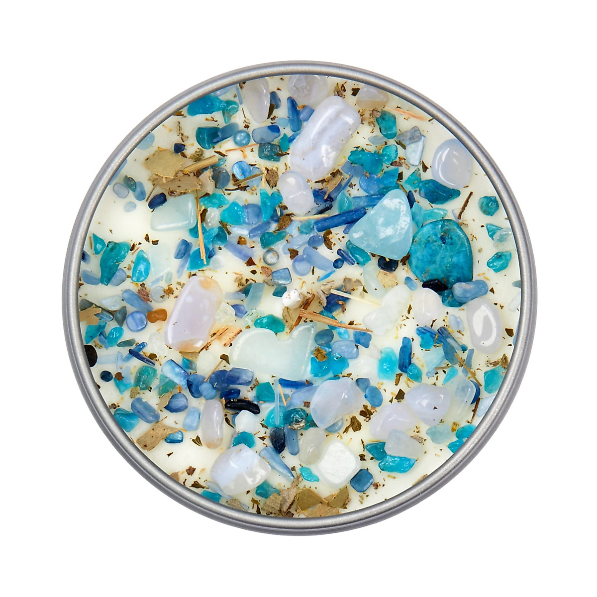 Throat Chakra Candle by New Moon Beginnings - Chakra Candles - Dried Flower, Herb, & Crystal Candles - Aromatherapy Candles - Soy Candle - 8oz Tin