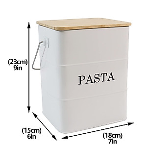 Gdfjiy Spaghetti Canister, White Metal Pasta Storage Container with Sealed Bamboo Lid & Portable Handle, Pasta Keeper Spaghetti Containers Storage for Pantry Organization