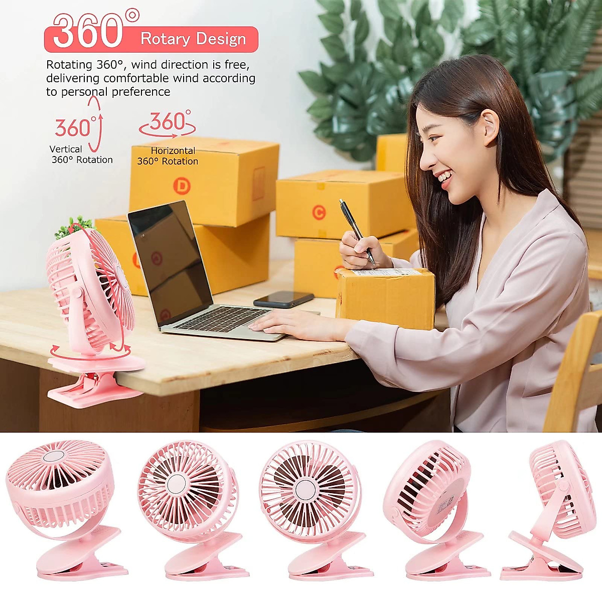 AOGELI Clip Fan,Mini Portable Fan with clip, Clip on Fan for Bed,3 Speeds Personal Fan,5000 mAh Rechargeable Battery Operated Fan, 360°Rotate Desk Fan for Home Office Travel Stroller Camping Pink