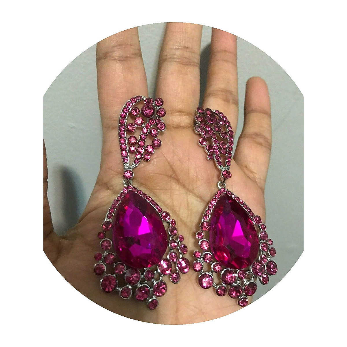 3.25" Long Hot Pink Fuchsia Dangle Pageant Rhinestone Crystal Silver Earrings