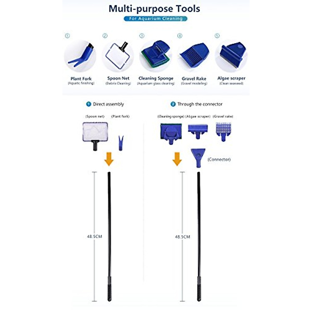 AquaticHI 5 in 1 Aquarium/Fish Tank Cleaning Kit/Tool, Algae Scraper, Fish Net, Sponge, Plant Fork, Gravel Rake, Length 19 inches (Non-Extendable)