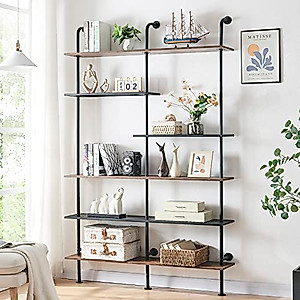 HOMISSUE Industrial Bookshelf 6-Tier Open Wall Mount Ladder Bookshelf, Modern Bookcase with Metal Frame and Wood for Home Office, Wall Mounted Industrial Iron Pipe Shelf, Brown