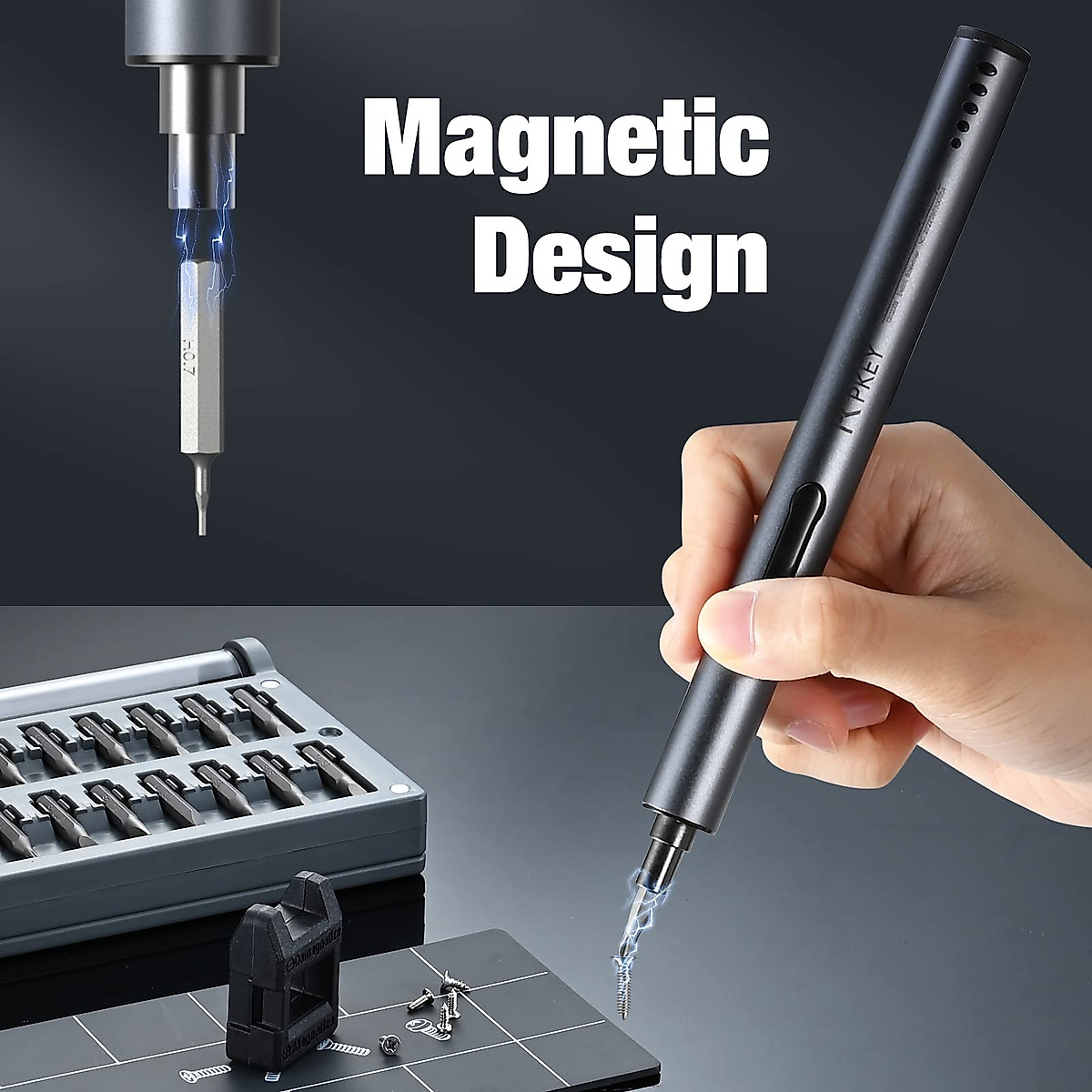 PKEY Cordless Electric Screwdriver，Electric Screwdriver Kit with 55 Magnetic Precision Bits ，2 Torque Settings，3 LED Light, Ideal For Computer, Bookcase, Bicycle，Watch