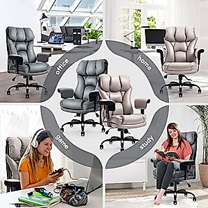 YAMASORO Big and Tall Office Chair 400lbs, Leathaire Cushy Seat and Adjustable Armrests Heavy Duty Executive Desk Chair with Wheels, Beige