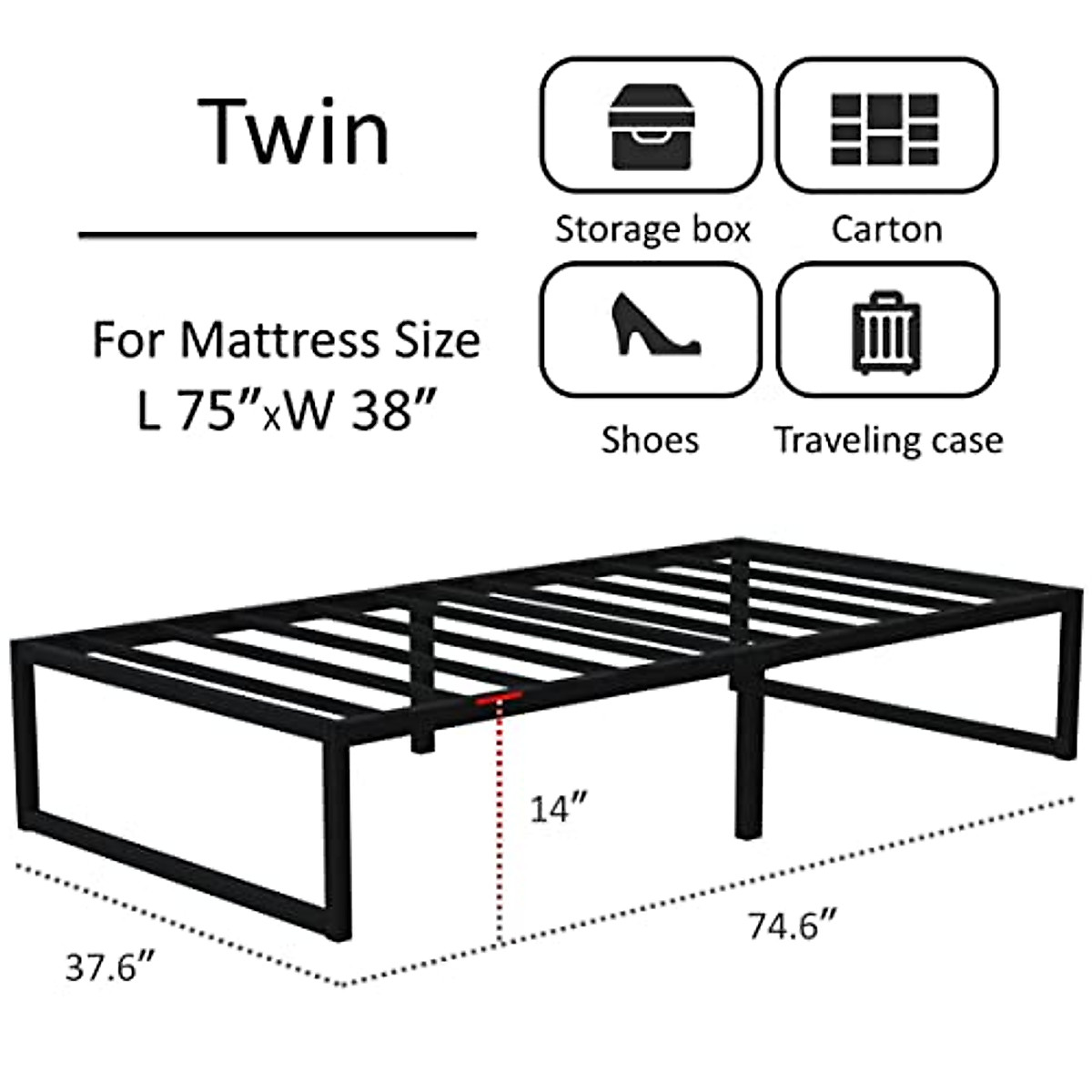 Lutown-Teen 14 Inch Twin Bed Frames Heavy Duty Metal Twin Size Platform Bed Frame No Box Spring Needed, Noise Free, Easy Assembly, Black