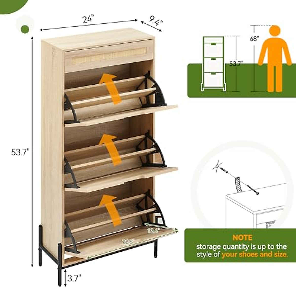 IDEALHOUSE Natural Rattan 3 Flip Door with 1 Drawer Shoe Cabinet Organizer Freestanding, Shoe Rack Storage Cabinet for Entryway with 3-Tier Adjustable Shelves for Slippers, Sneakers, Heels, Boots