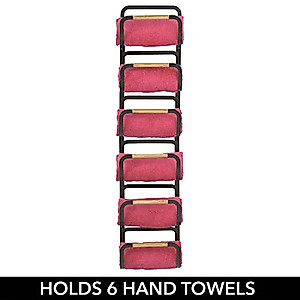 mDesign Wall Mount Towel Storage Rack for Bathroom - 6-Tier Hanging Organizer Mounted Holder Shelf for Multiple Bath Towels or Robes - Steel Metal and Wood - Yami Collection - Matte Black/Natural