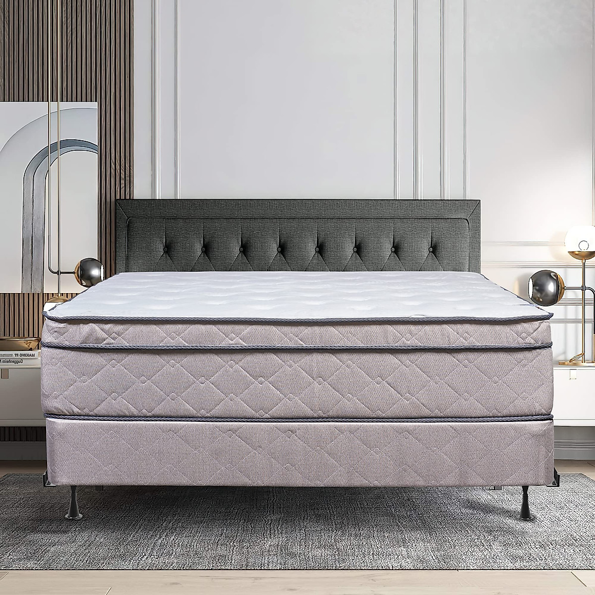 Greaton 13 Innerspring Eurotop Mattress and 4-inch Split Box Spring/Foundation Set with Frame No Assembly Required, Full XL, 53x79