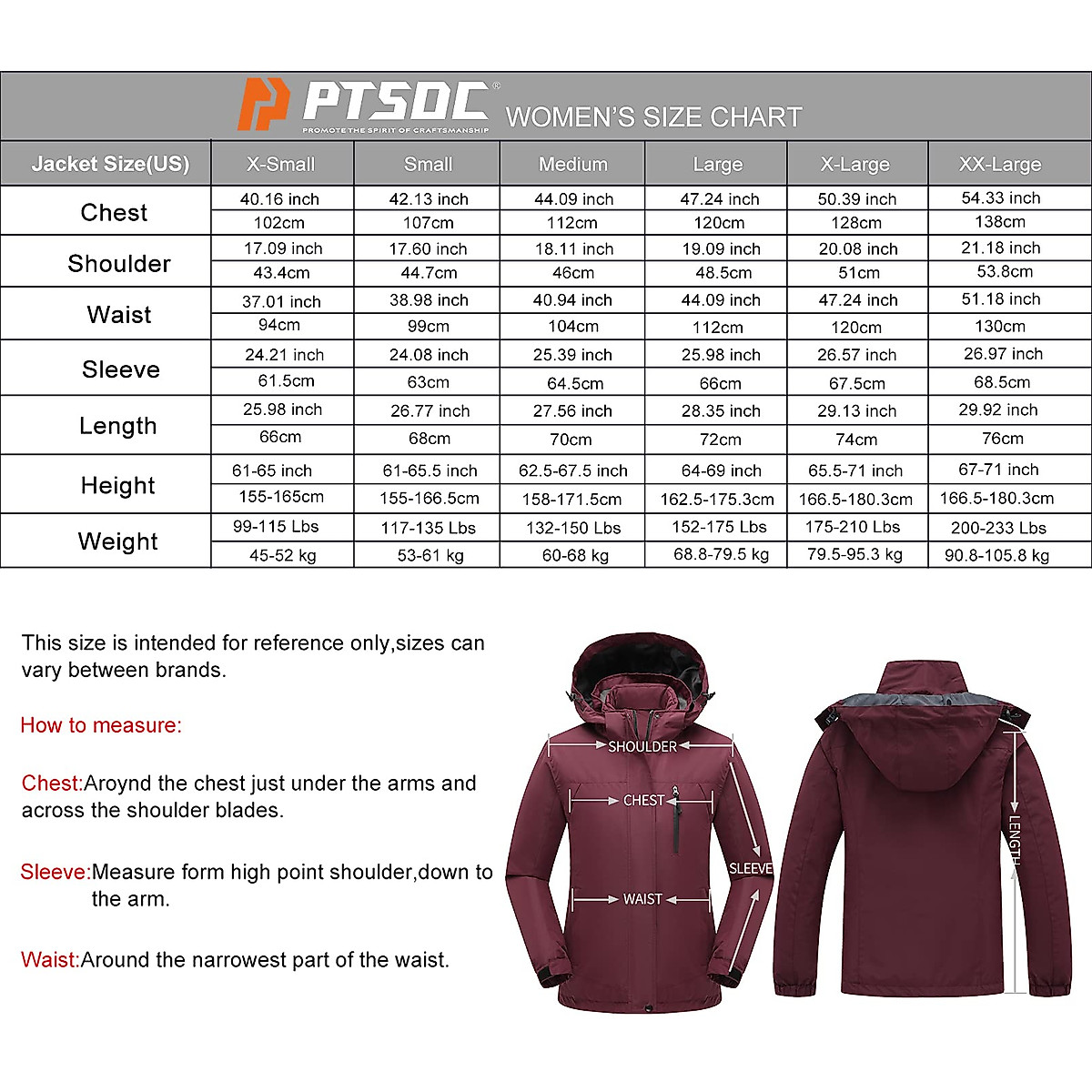 PTSOC Women's 3 in 1 Waterproof Ski Jacket Warm Winter Snow Coat Windproof Hooded Snowboarding Raincoat Wine Red Small
