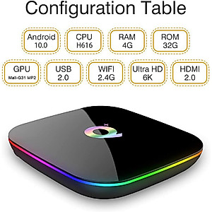 Q Plus Android 10.0 TV Box, Android Box 4GB RAM 32GB ROM H616 Quad Core USB 2.0 2.4G WiFi Support 6K 3D/H.265 Smart TV Box