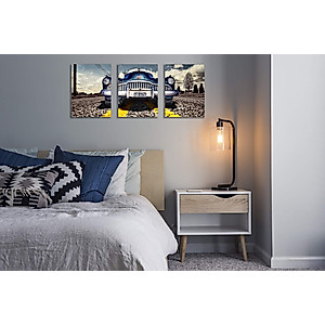 USIXA Car Wall Art for Living Room Old Vehicle on Brown Road Wall Decor Painting Blue Car in Wild Picture for Home Decor Prints Canvas with Frame Ready Hang White Cloud Sky Landscape Poster 12''X16''