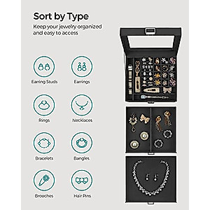 SONGMICS Jewelry Box, Lockable Jewelry Storage Organizer, Jewelry Case with Glass Window, for Rings, Earrings, Studs, Bracelets, Necklaces, Black UJBC158B01