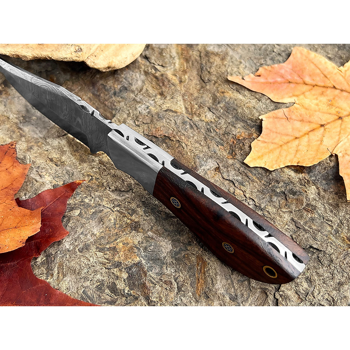 WINTERFELL Personalized Fixed Blade Damascus Hunting Knife with Sheath, Engraved Custom Gifts For Hunter, Customized Gift For Husband, Dad, Son, Unique Father's Day Gift (Brown)