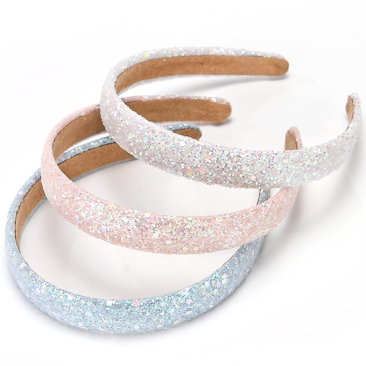 LONEEDY 3 Pack Glitter Sequins Sparkly Hard Headbands for Kids Wide Padded Hair Bands Fashion Cute Daily Accessories for Girls and Women (pink + sky blue + white)