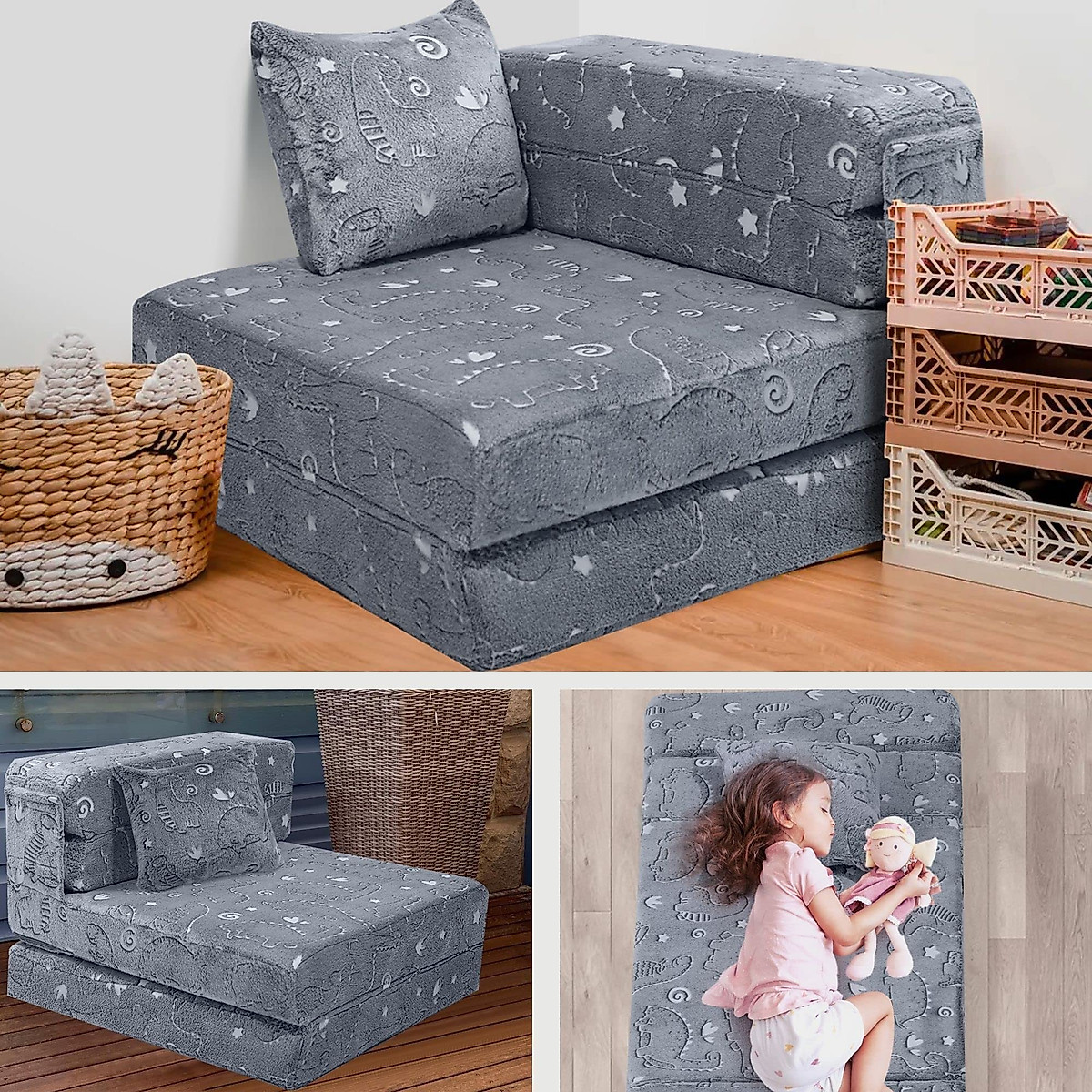 MeMoreCool Kids Floor Mattress Glow in Dark, Child Fold Up Sofa Couch Convertible Futon Folding Chair Bed Sleeper for Baby Playroom(Glowing Dinosaur)