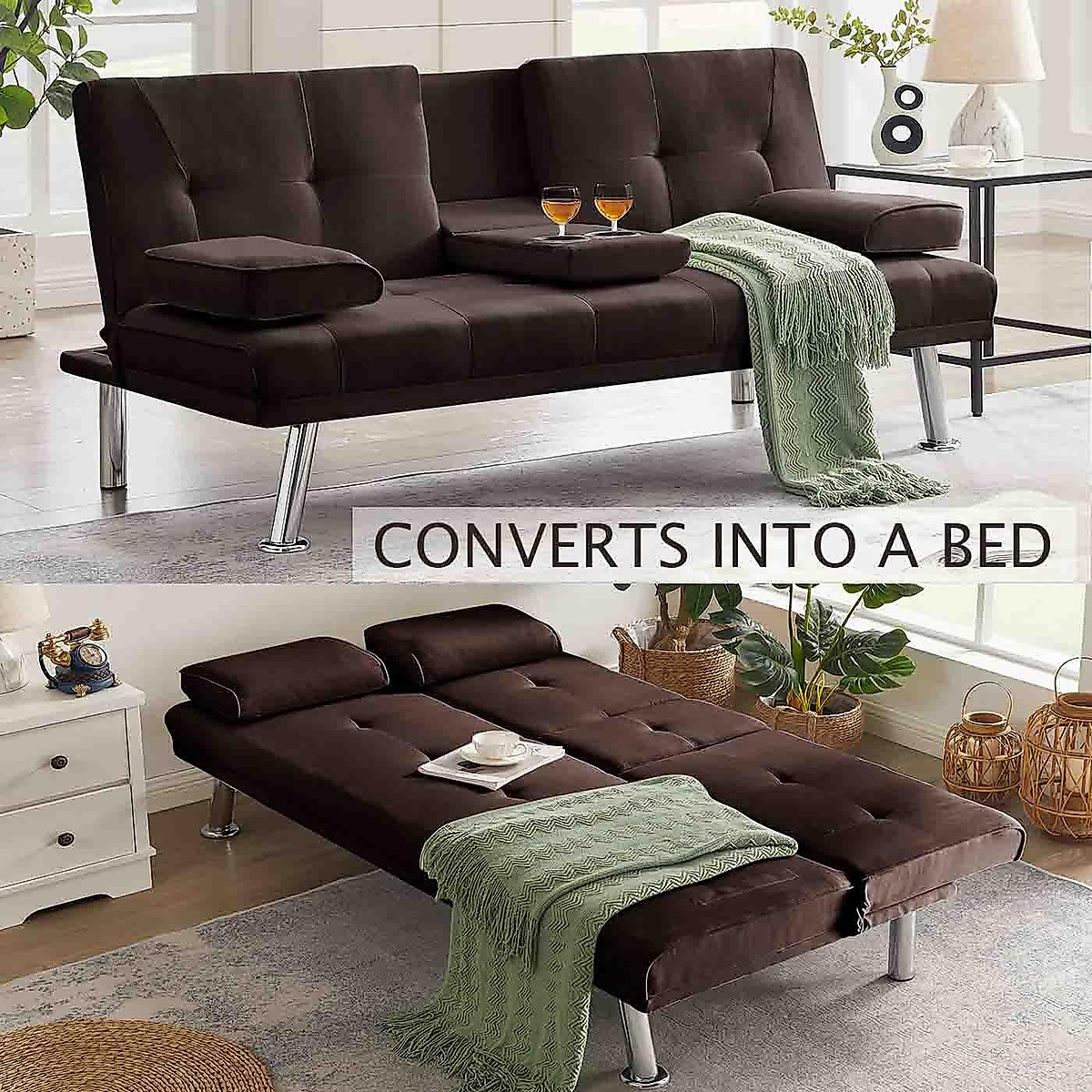 100% Fabric Linen Upholstered Futon Sofa Bed with 2 Cupholders/Legs/Removable Armrest, Modern Convertible Sleeper Couch, Upholstered Loveseat for Small Spaces, Memory Foam Living Seat, Brown