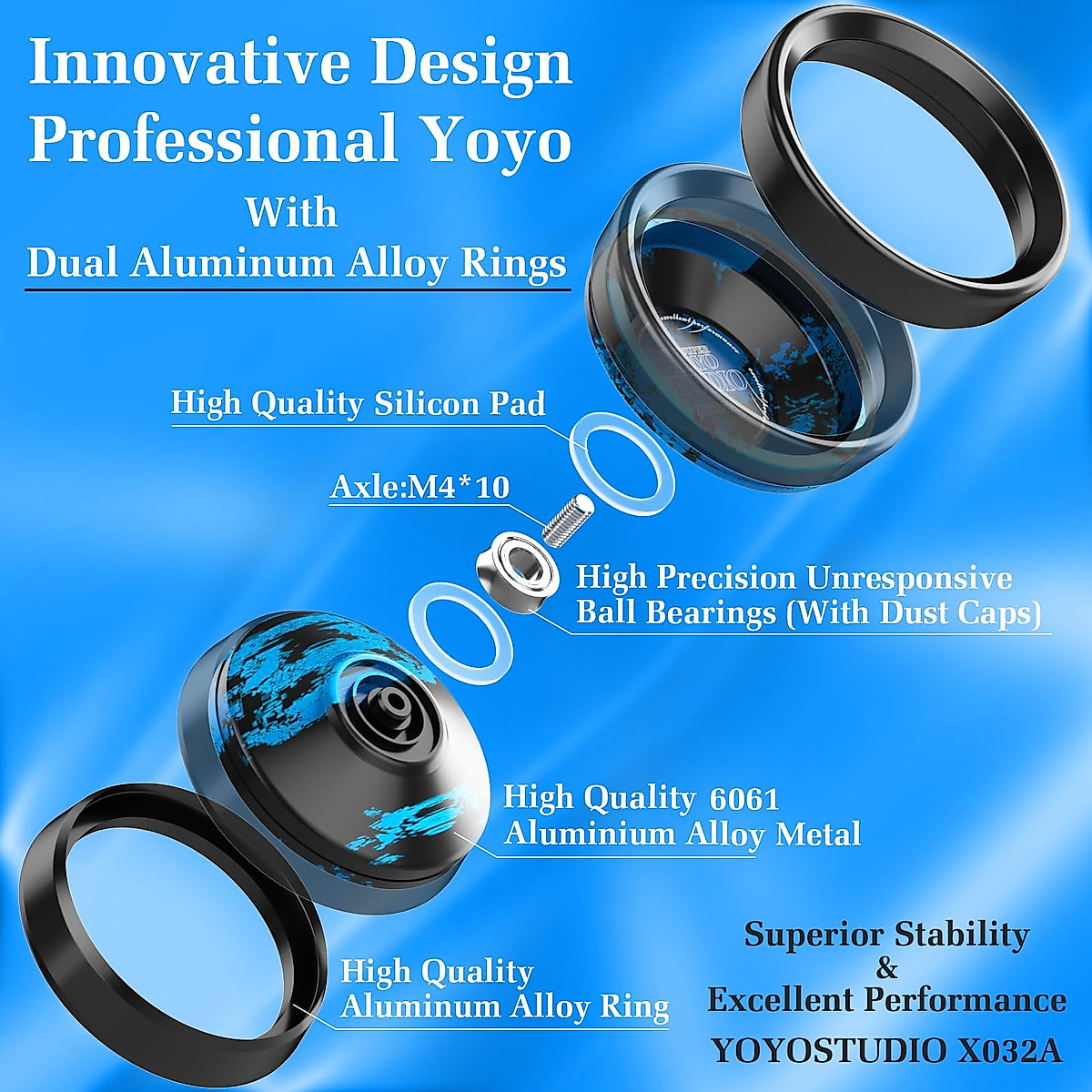 YOYOSTUDIO Yoyo Professional Unresponsive Yoyos with Dual Aluminum Alloy Rings, Pro Tricks Yo yos for Adults, Metal Yoyo for Kids Beginners with Strings, Gloves & Case Black and Blue (Black Ring)