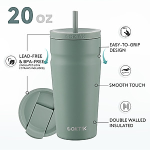 COKTIK 20oz Insulated Tumbler with Lid and Straw 2 Lids (Straw/Flip) Iced Coffee Cup Reusable Stainless Steel Travel Mug Water Bottle Cupholder Friendly for Women Men Her Him (Bay Leaf)