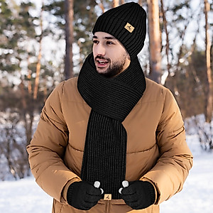 3 PCS Winter Hat Scarf Gloves Set, Soft Warm Knit Beanie Hat Touchscreen Gloves Long Knitted Scarf Set Winter Gifts for Men
