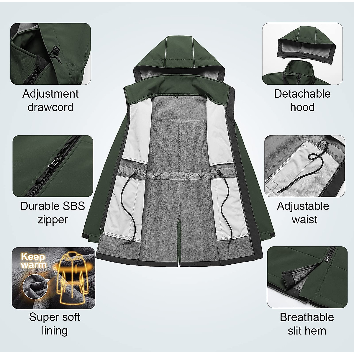 CREATMO US Ladies Soft Shell Jacket Outdoor Mountain Long Fleece Insulated Athletic Jacket Raincoat Green S