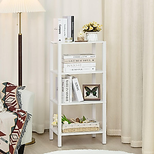 YUFAM 4 Tier Tall Wooden Bookshelf with Storage - Small White Bookcase for Small Spaces, Small Shelf for Living Room, Office, Bedroom, Kitchen - Industrial Modern Book Shelf
