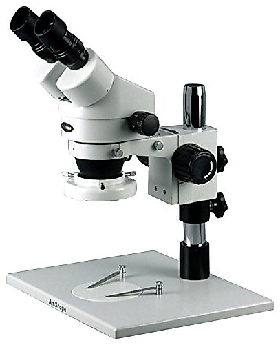 AmScope SM-1BZ-FRL Professional Binocular Stereo Zoom Microscope, WH10x Eyepieces, 3.5x-90x Magnification, 0.7X-4.5X Zoom Objective, Fluorescent Ring Light, Large Table Pillar Stand, 110V-240V, Includes 0.5x and 2.0x Barlow Lenses
