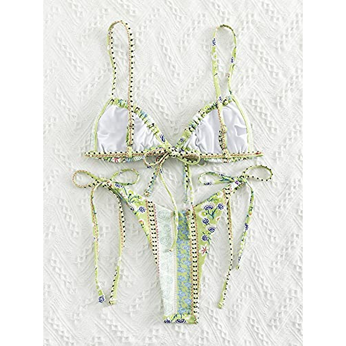 WDIRARA Women's Floral Print Tie Side Swimwear Straps Bikini Sets Swimsuits Green S