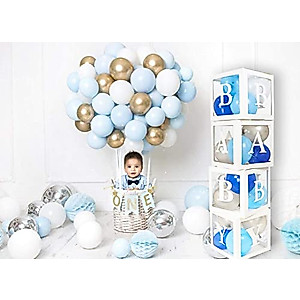 82PCS Baby Shower Decorations For Boy Kit - Jumbo Transparent Baby Block Balloon Box Includes BABY, Alphabet Letters DYI, White Gray Baby Blue Balloons, Gender Reveal Decor 1st Birthday Party Backdrop