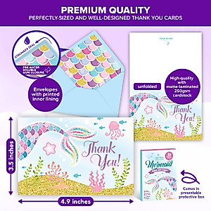 Decorably 30 Pack Glittery 4.9x3.5in Mermaid Thank You Cards with Envelopes and Stickers, 6 Sparkly Designs, Blank Inside, Baby Shower, Weddings, Birthdays