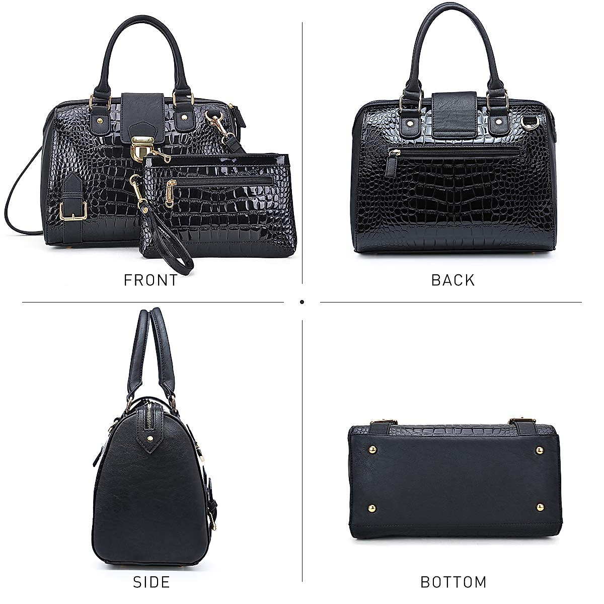 Dasein Women Barrel Handbags Fashion Satchel Bags Top Handle Shoulder Purses Vegan Leather Work Tote (Crocodile Black)