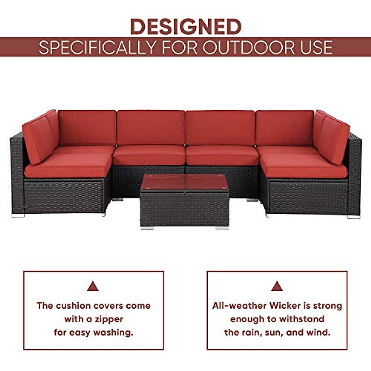 SUNCROWN 7-Piece Outdoor Patio Furniture Sofa Set - All-Weather Wicker Sectional with Washable Cushions and Modern Glass Coffee Table - Red