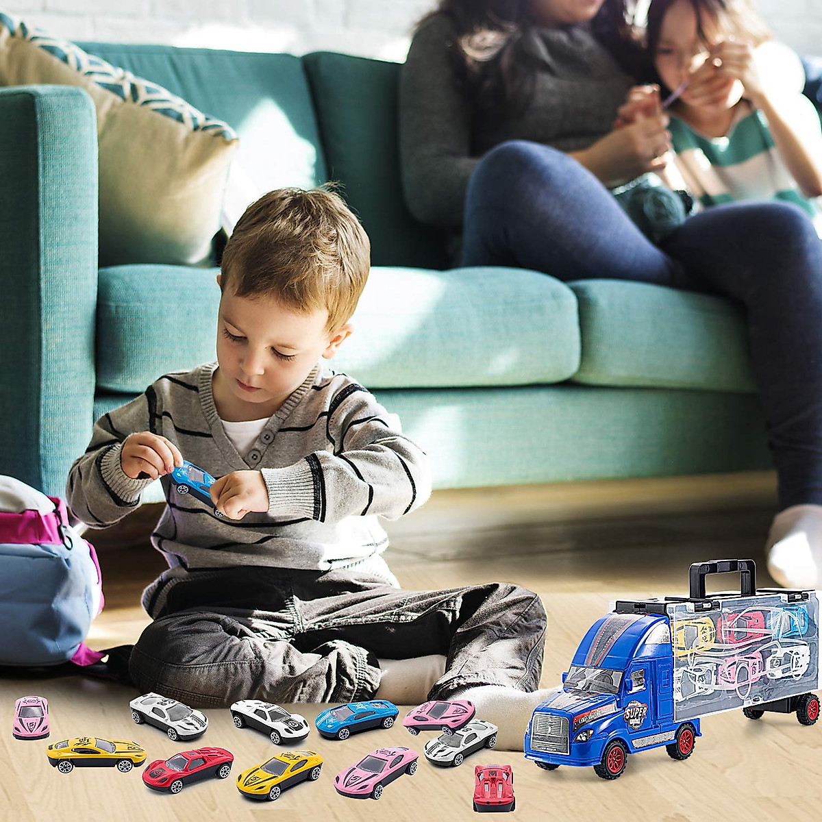 TAODUDU Toddler Toys Cars Kids Truck Transport Cars Boys Gift for Ages 3-8 Year Old,Transport Cars Carrier Set with 12 Die-cast Vehicles