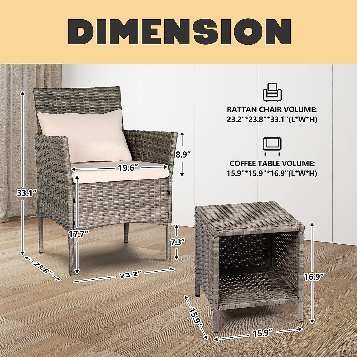 Tappio 3 Piece Patio Conversation Bistro Set, Porch Balcony Furniture Set Outdoor Chat Furniture, Wicker Chairs and Storable Table Set for Yard Balcony Backyard Apartment, Gray/Beige