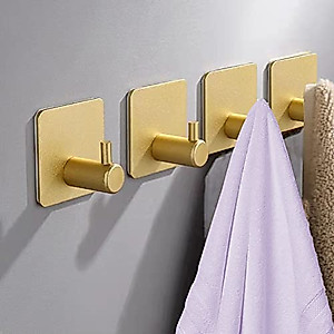 XUANHEY Adhesive Hooks Gold Bathroom Towel Hooks 4 Pack Shower Hooks Heavy Duty Space Aluminium Kitchen Hooks Self Adhesive Wall Hooks for Bathroom Office Kitchen Bedroom Rustproof Waterproof (Gold)