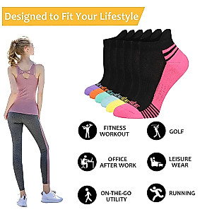 JOYNÉE Womens Low Cut Athletic Socks Heel Tab Colorful Cushioning Ankle Casual Socks 6 Pairs, Black, Size 9-11
