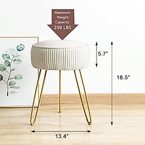 LUE BONA Pleated Vanity Stool, Velvet Upholstered Vanity Stool for Makeup Room, Round Mondern Stool for Vanity, Ottoman Footrest Stool with Metal Legs for Living Room, Bedroom, Beige