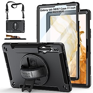 Case for Samsung Tab S7/S8 11 Inch 2022: Military Grade Shockproof Protective TPU Cover for Galaxy Tablet S7 11 Inch 2020 W/Stand - Handle - Shoulder Strap - S-Pen Holder -Red
