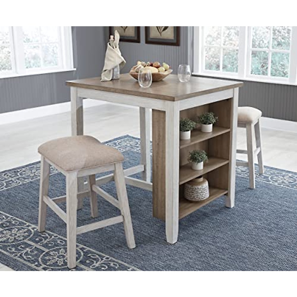 Signature Design by Ashley Skempton 3 Piece Counter Height Dining Set, Includes Table and 2 Barstools, Whitewash