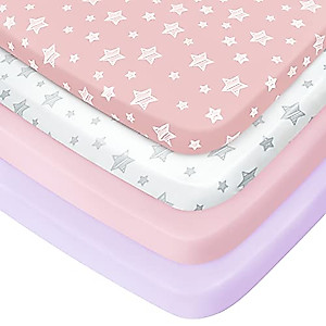 Pack and Play Sheets Girl, 4 Pack Mini Crib Sheets, Stretchy Pack n Play Playard Fitted Sheet, Compatible with Graco Pack n Play, Soft and Breathable Material, Pink
