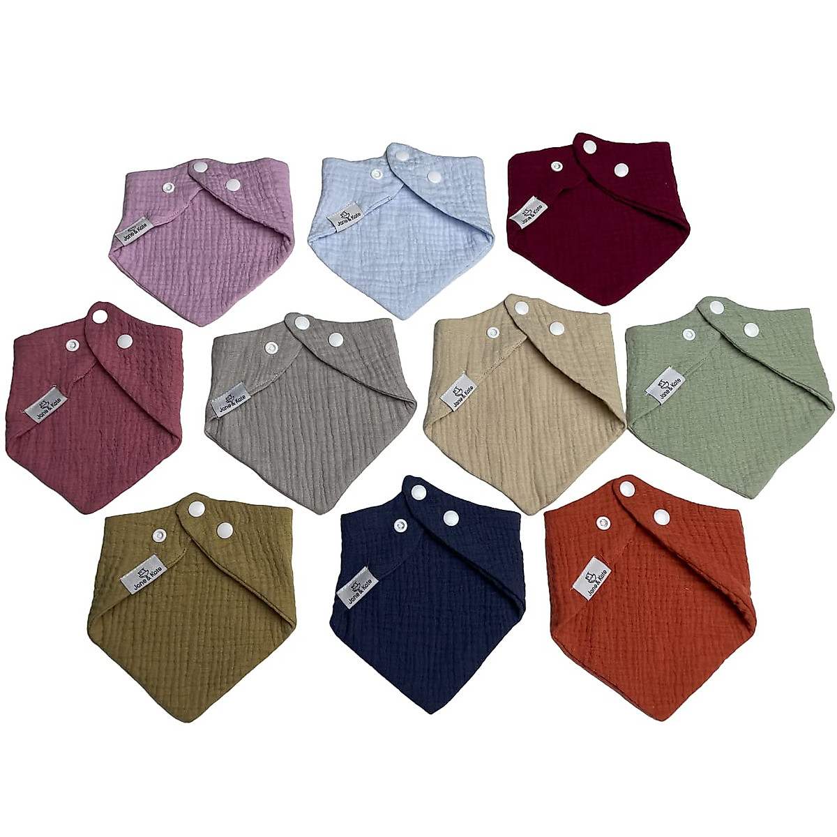 Jane and Kate - Baby Bibs 100% Cotton Newborn Toddler Drool Cloth Bibs For Unisex, Boy, Girl 0-18 Months | Muslin Bandana With Snaps Teething Bibs | Multi Pack Set Of 10 Plain Solid Colors