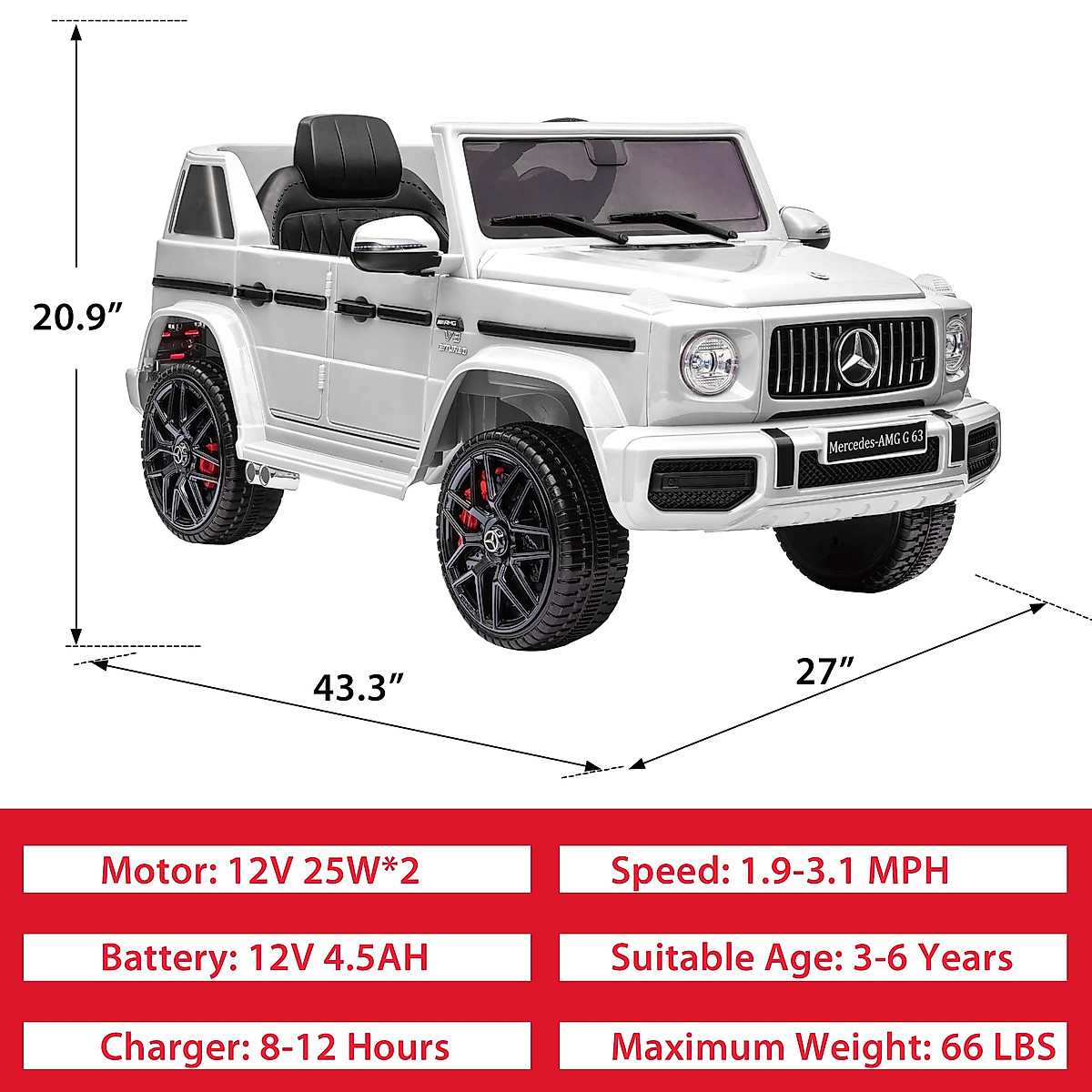 TOBBI 12V Kids' Electric Vehicle, Licensed Mercedes Benz G63 Electric Car for Kids, Kids Ride On Car Parents Remote Control, Openable Doors/Spring Suspension System/Music's Play & Led Lights-White