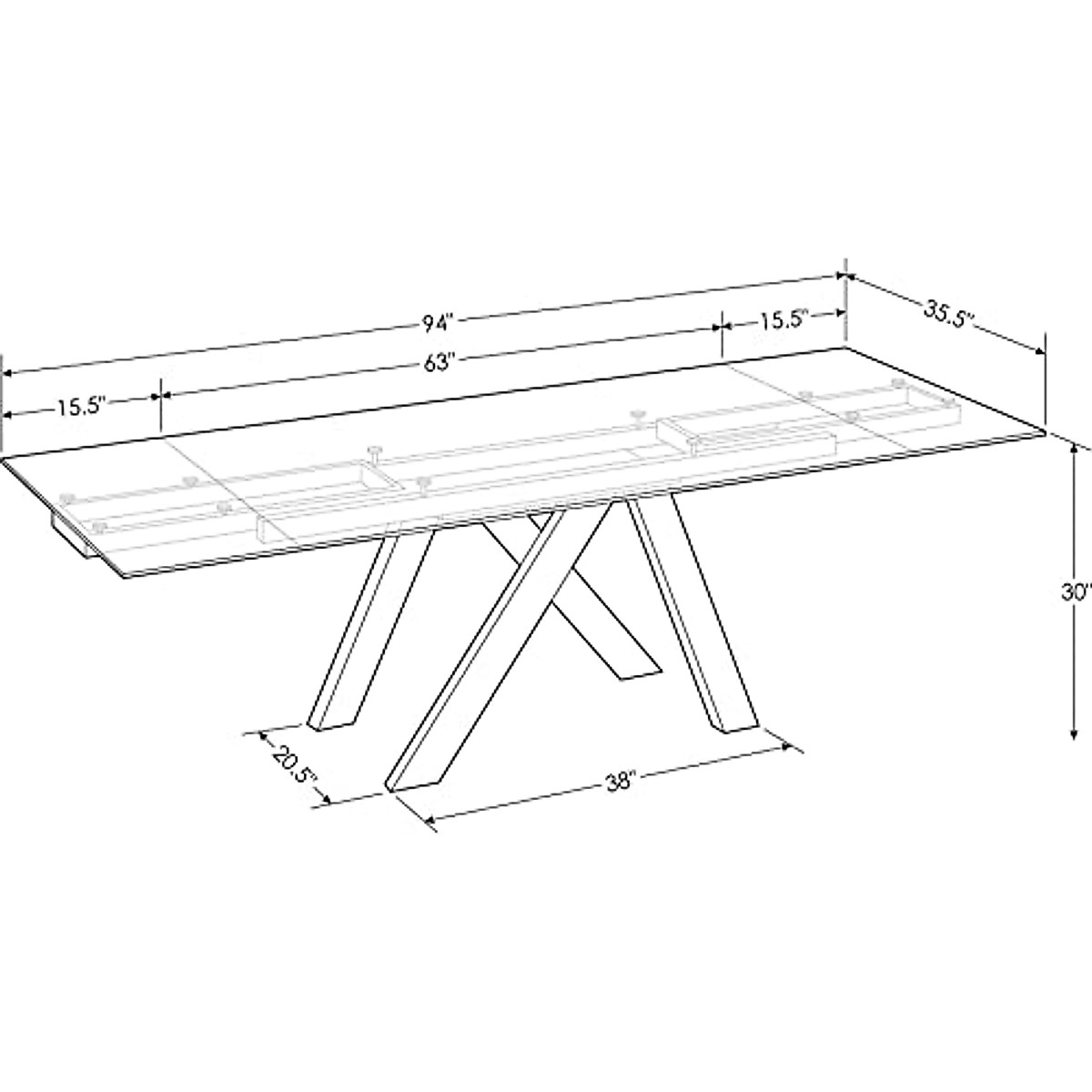 Zuri Furniture Cruz Expandable Modern Dining Table with Clear Glass Top