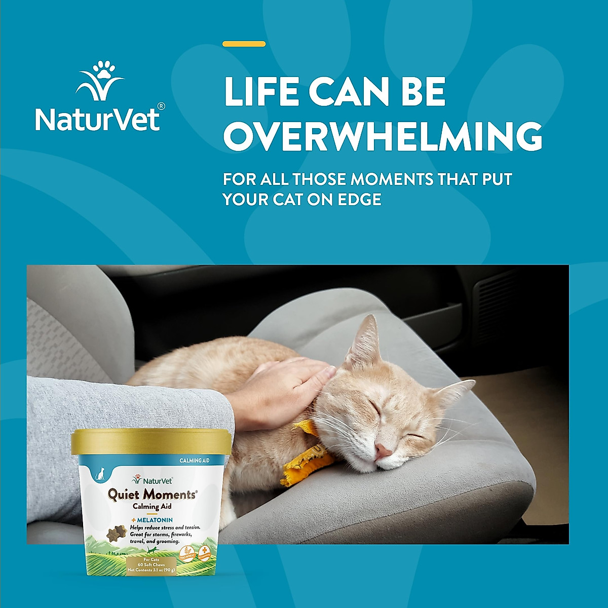 NaturVet –Quiet Moments Calming Aid for Cats Plus Melatonin – 60 Soft Chews – Helps Reduce Stress & Promote Relaxation – Great for Storms, Fireworks, Travel & Grooming
