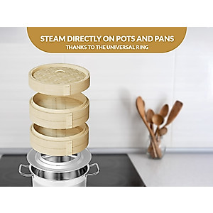 BELLA COOKS Bamboo Steamer for Cooking - Steamer Basket with a Ring - Fits every Pan & Pot - Dumpling Steamer - Incl. Extra Chopsticks & Silicone Liners
