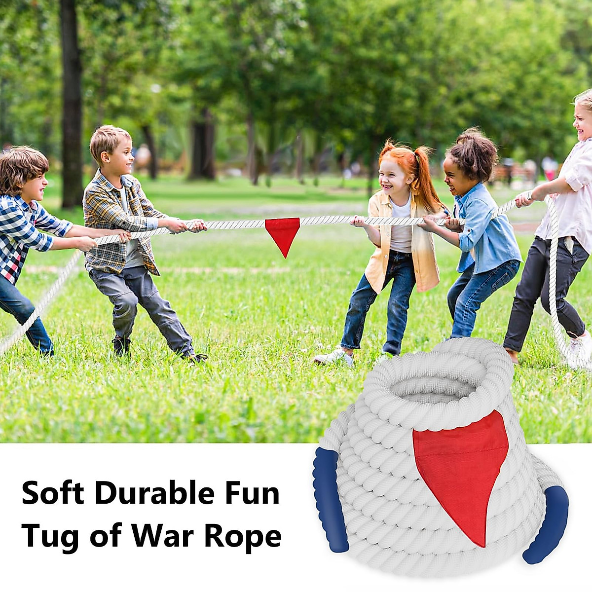 X XBEN 35 Feet Tug of War Rope with Flag for Kids, Teens and Adults, Soft Polypropylene Rope Games for Team Building Activities, Family Reunion, Birthday Party-15 ft,55 ft,110 ft White