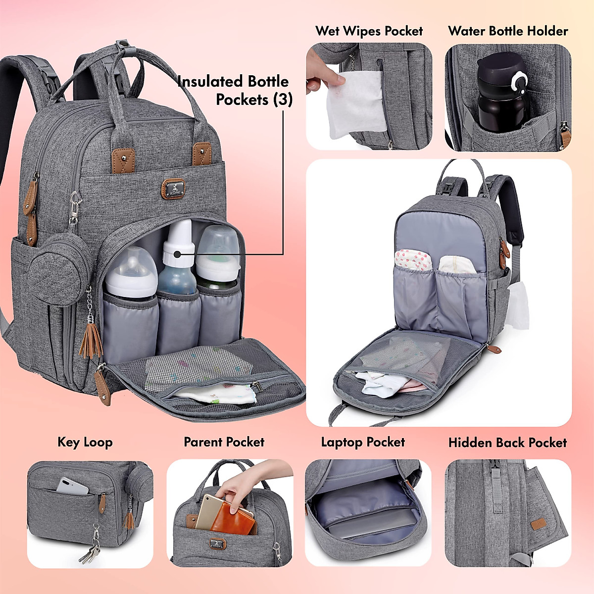 Dikaslon Diaper Bag Backpack with Portable Changing Pad, Pacifier Case and Stroller Straps, Large Unisex Baby Bags for Boys Girls, Multipurpose Travel Back Pack Moms Dads, Gray