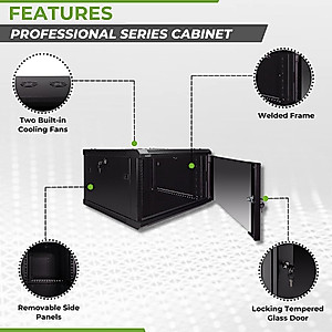 NavePoint 6U Server Rack Enclosure - 23.6” Deep, 6U Wall Mount Network Cabinet with Locking Glass Door for 19” IT Equipment, 6U Network Rack with 2 Fans, Removable Side Panels, Black