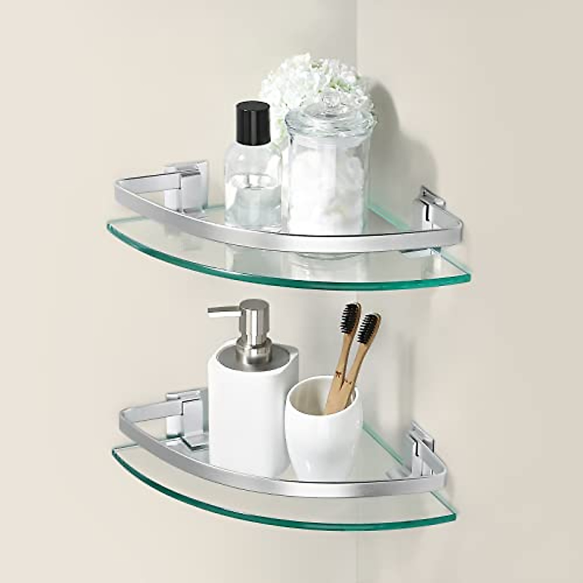 KES Glass Corner Shelf Bathroom, Corner Shower Shelf with Rail Wall Mount 2 Tier Sand Sprayed Silver Finish, A4120A-P2